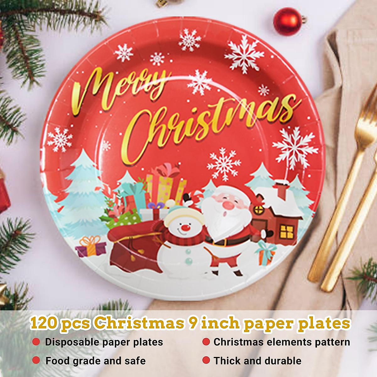 CONEHOY 120 Pcs Christmas Paper Plates Round 9 In Disposable Tableware Sets Santa Snowman Christmas Tree Design Holiday Tableware for Winter Dinner Dessert Birthday Christmas Party Supplies