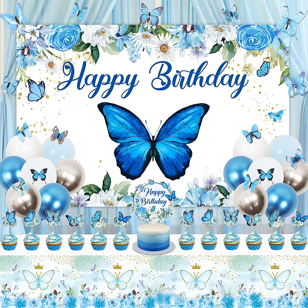 Balterever Blue Butterfly Birthday Party Decorations for Girl Butterfly Happy Birthday Backdrop Balloon Arch Kit Tablecloth Wall Stickers Cake Cupcake Toppers for Girl Butterfly Theme Birthday Party