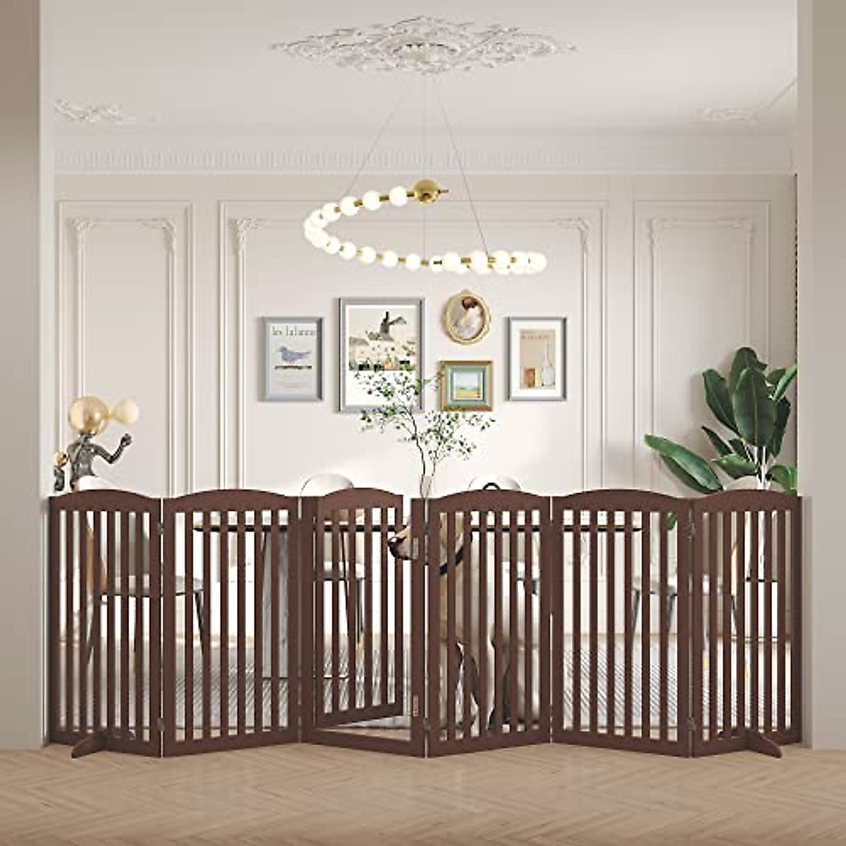 BHG No-Assembly Freestanding Dog Gate with Door, Extended Wide 120" Tall 36" Wooden Pet Gate, Accordion Folding Playpen Fence, 2PCS Support Feet Included, for The House - Espresso