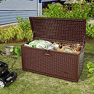 UDPATIO Deck Box Resin 73 Gallon, Outdoor Storage Box w/ Bottom Bracket and Padlock, Waterproof for Pool Supplies, Toys, Garden Tools, Cushions and Patio Furniture, Weather and UV Resistant Porch Bin, Brown