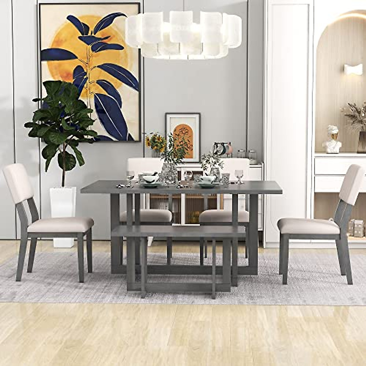 KoiHome Retro Support Design, 4 Chairs with Soft Cushions and a Wood Bench, Kitchen Home Room/Restaurant Furniture (Gray), 6-Piece Dining Table Set with H-Shaped Legs