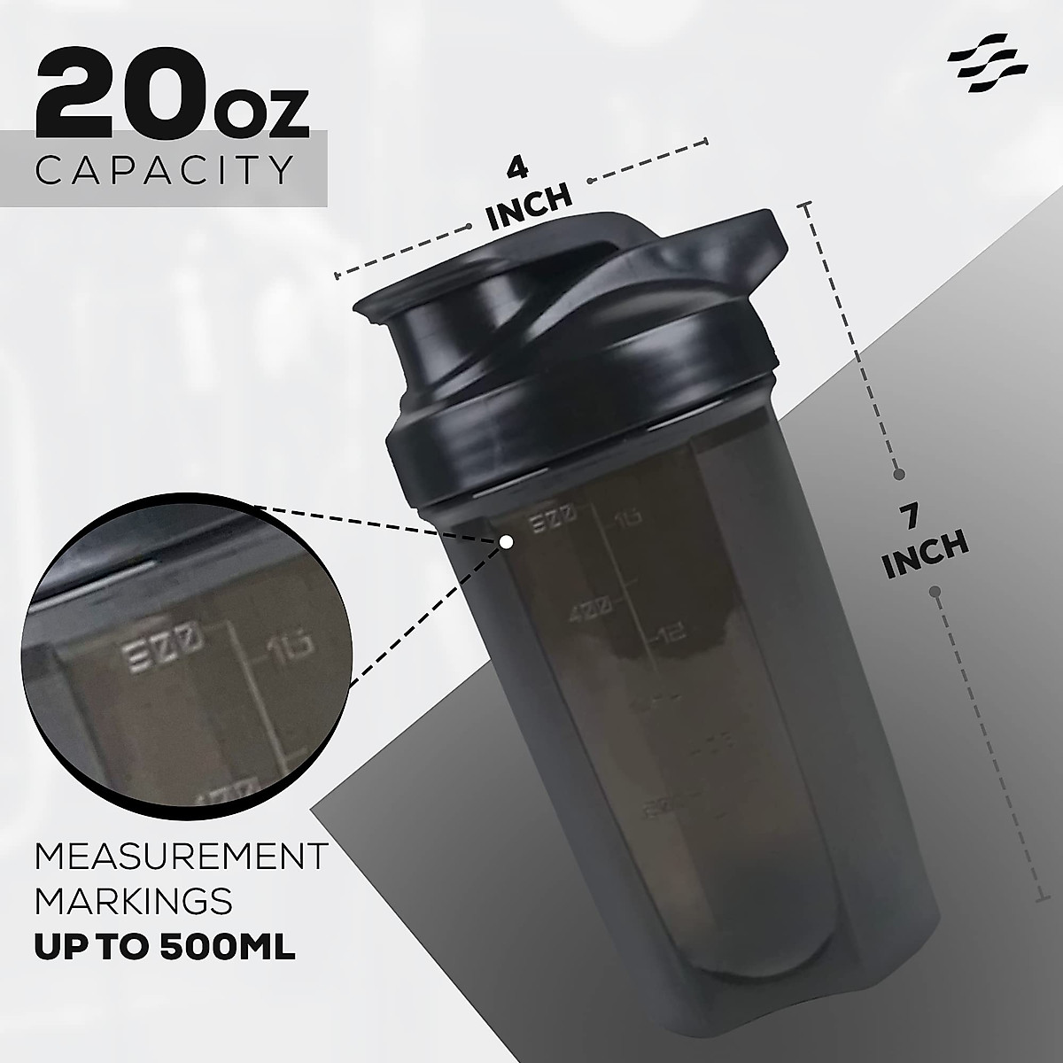 IHTISAB Blender Protein Shaker Bottle 20oz With Wire Whisk Ball, Drink Protein Shaker Pre And Post Workout, Mixes Cocktail Smoothies Shakes, BPA Free