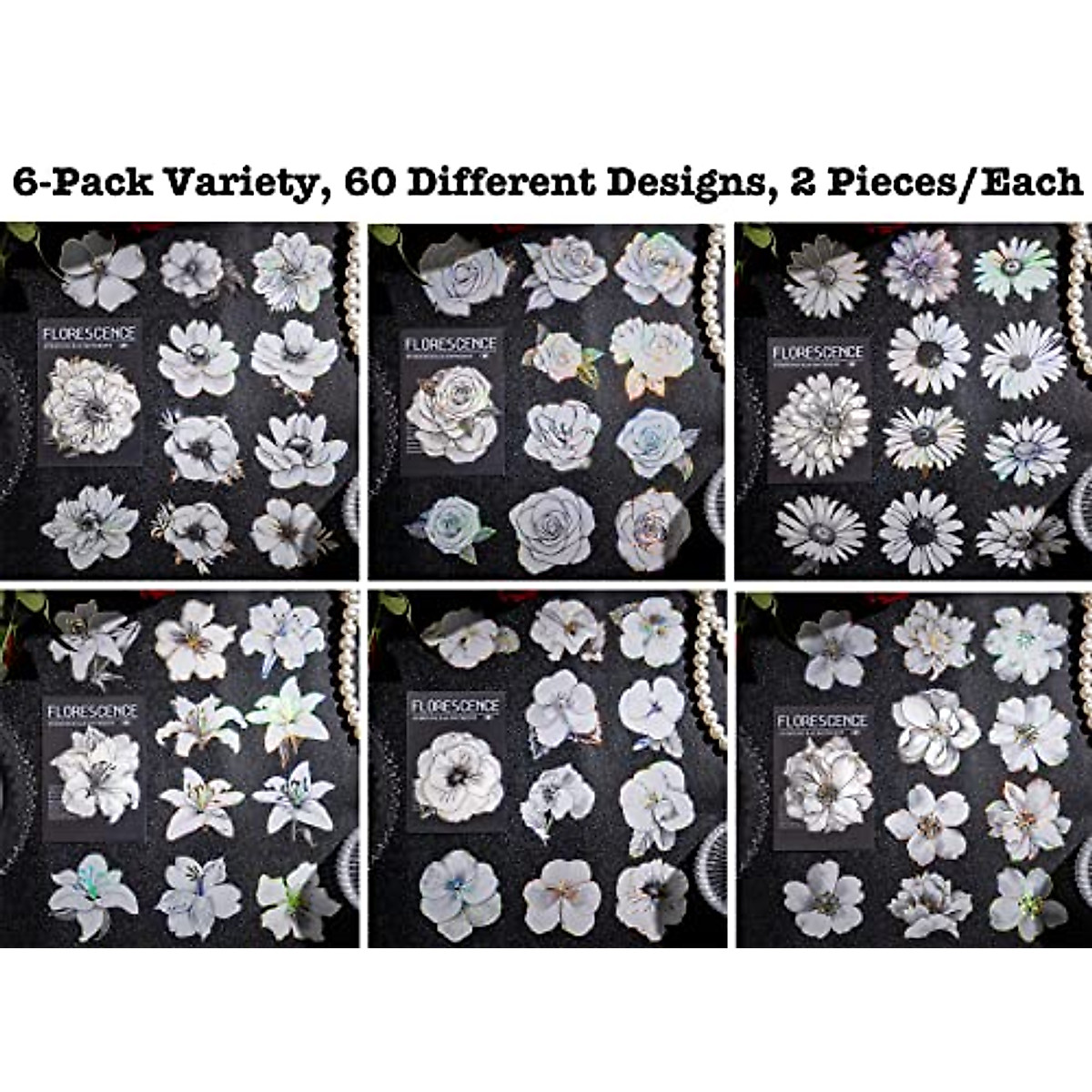 Knaid 120 Pieces Large Size Black and White Flower Stickers with Gold Holographic Outlines, Glitter Shiny Floral Waterproof Decorative Decals for Scrapbooking Supplies Junk Journal Bullet Journals Planners Resin Laptops Water Bottles Paper Crafts