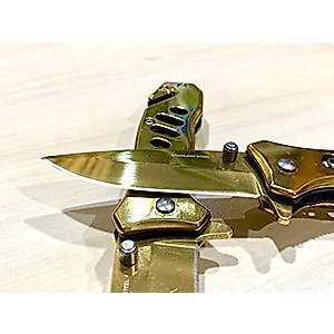 Super Knife 6.75" Gold Coated Spring Assisted Open Blade EDC Folding Pocket knife, Straight Edge Blade (Gold)