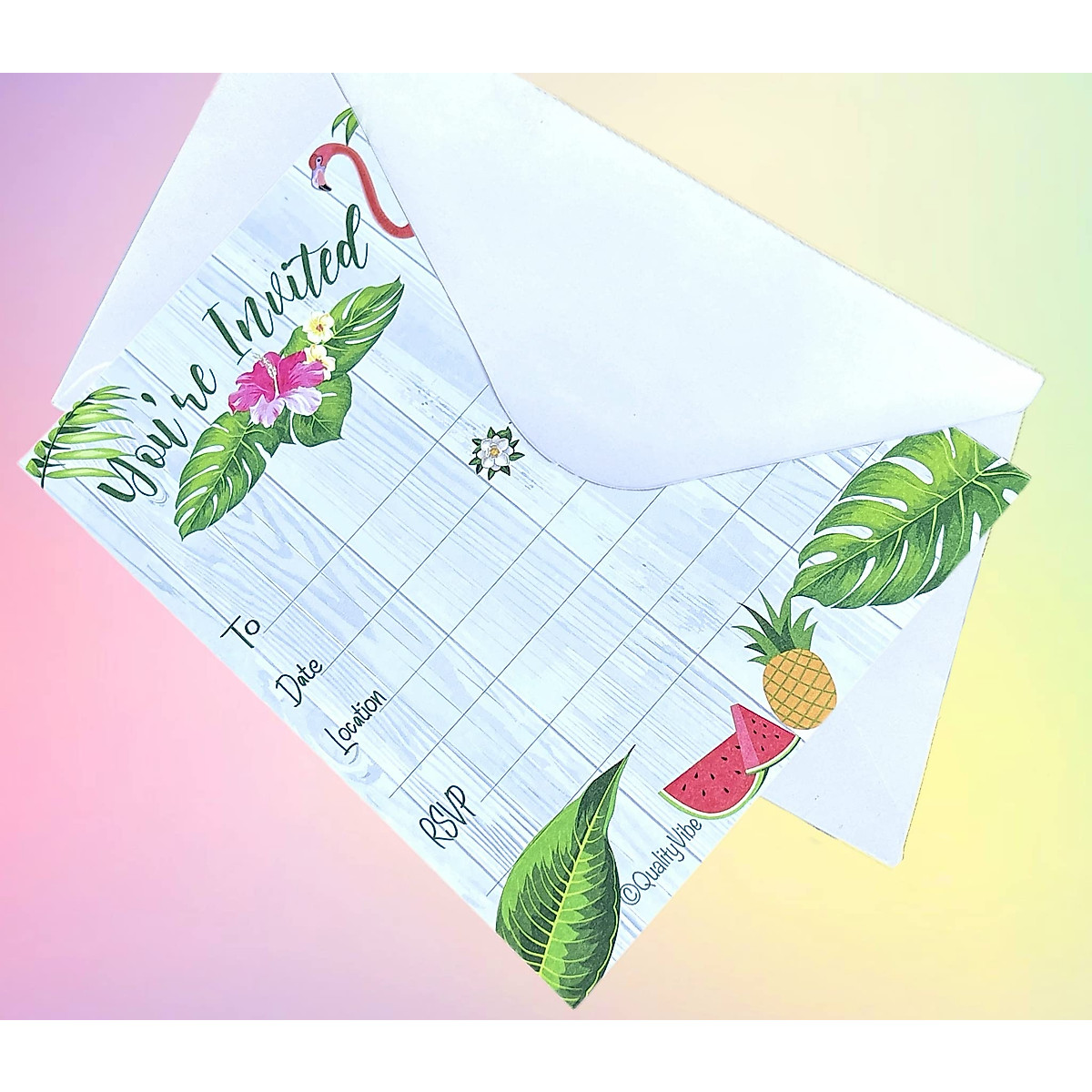 25 Flamingo Party Invitations With Envelopes, Pineapple & Watermelon. For Birthdays, Baby & Bridal Showers & Beach Parties. Thick & Non Coated Cardstock For Use With Any Pen.