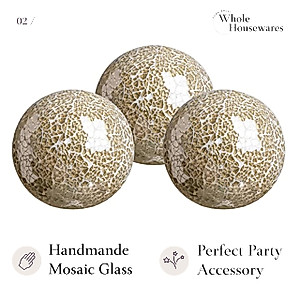 WHOLE HOUSEWARES | Decorative Balls for Centerpiece Bowls | Set of 3 | Glass Mosaic Sphere | Diameter 4" | Home/Garden/Kitchen/Living Room Decor | Decorative Balls for Bowls (Gold)