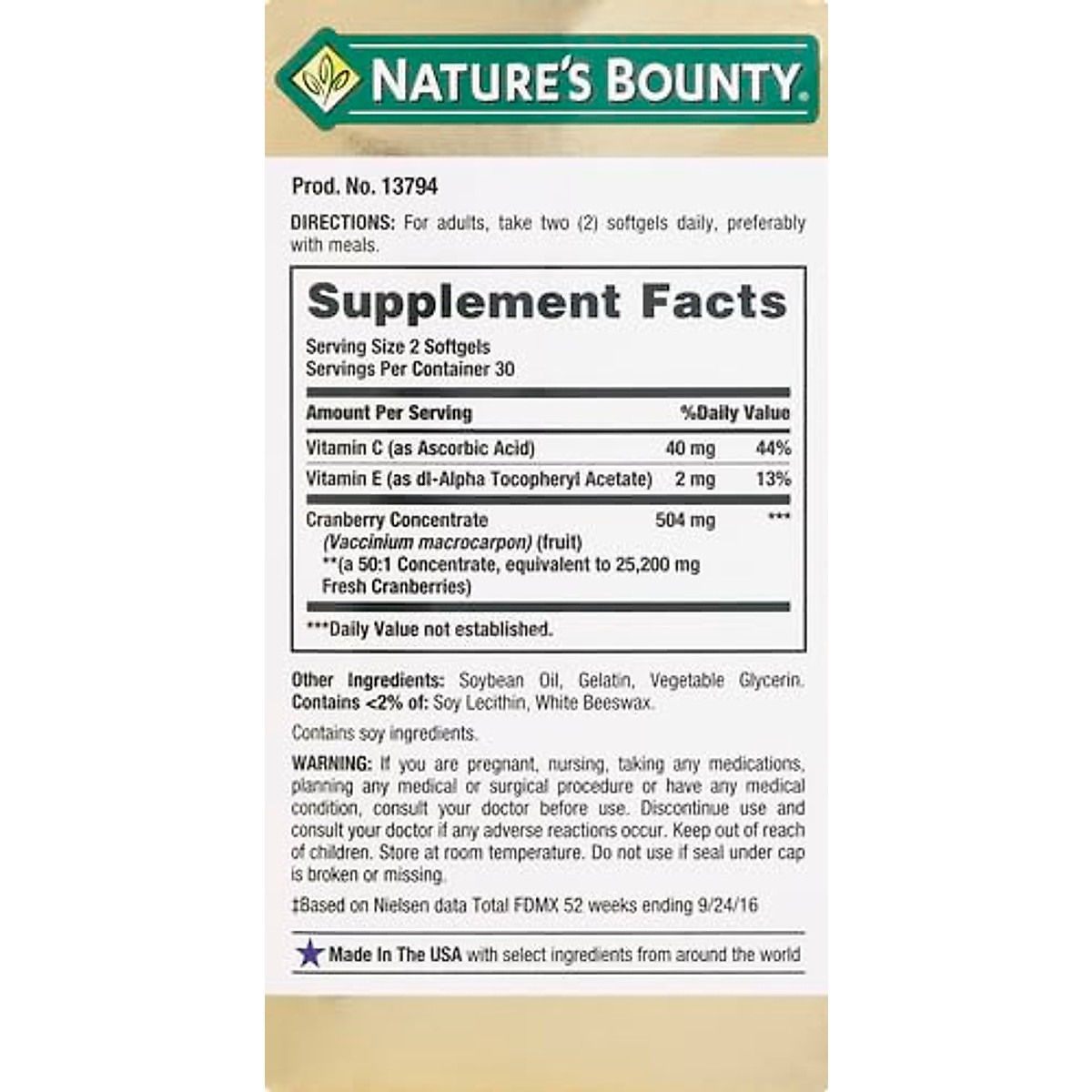 Nature's Bounty Cranberry Dietary Supplement, Supports Urinary Tract and Immune Health, Softgels, 25,200 Mg, 60 Ct