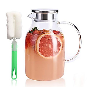 Kanwone 75oz Glass Pitcher with Stainless Steel Lid and Spout, Heat Resistant Borosilicate Glass Water Carafe for Sun Tea, Lemonade, Homemade Juice, Milk or Hot Beverages