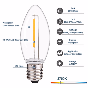 BORT 50 Pack C9 LED Replacement Light Bulb, C9 LED Bulbs for Christmas Outdoor String Lights, E17 Intermediate Base, Clear Plastic Commercial Grade Holiday Bulbs 2700K