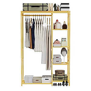 MOUTIK Bamboo Open Wardrobe Coat Stands: Wood Clothing Hanging Rail Garment Rack with Back Cover - Freestanding 6 Shelves Closet Organizer for Clothes Shoes Storage