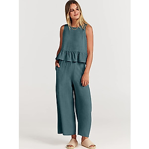 ANRABESS Women Summer 2 Piece Outfits Sleeveless Tank Crop Top Wide Leg Pants Linen Jumpsuits Lounge Matching Beach Sets Cyan Blue Large