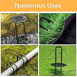 Bakulyor 50pcs Black Landscape Staples + 50pcs Buffer Washer, 6 Inch 11 Gauge Garden Stakes Staples, U Shaped Galvanized Lawn Pins Heavy Duty Yard Ground Pin for Weed Barrier Sod Fabric Decorations