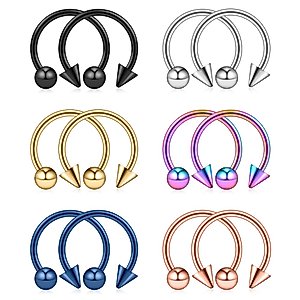 Ruifan 12PCS Assorted Colors Surgical Steel CBR Nose Septum Horseshoe Nipple Earring Eyebrow Tongue Lip Piercing Ring with 5mm Balls & Spikes 14G 14mm