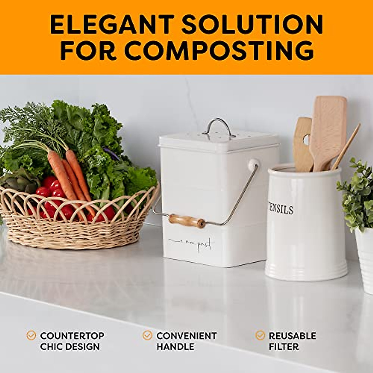 Compost Bin for Kitchen - Farmhouse Countertop Composting Container - 1.7 Gallon Carbon Steel Pail for Food Scraps - Metal Bucket with Lid, Wooden Handle & Charcoal Filter