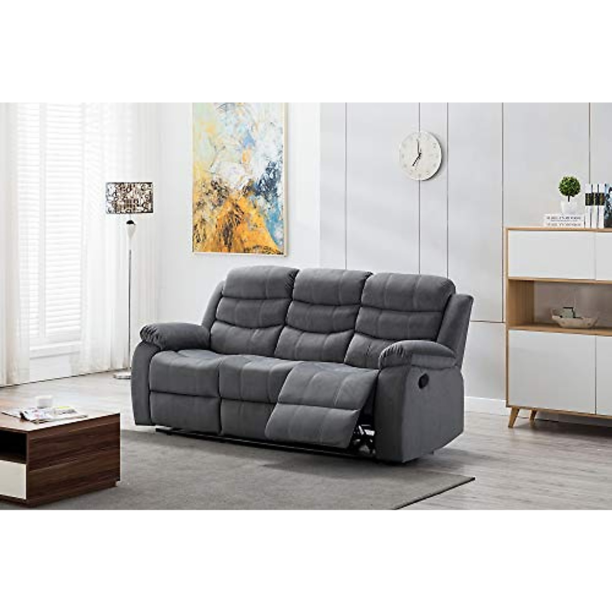 Kingway Modern Fabric 3pcs Reclining Set for Living Rooms Upholstered Manual Motion Couches Sofas, 3+2 SEAT, Gray