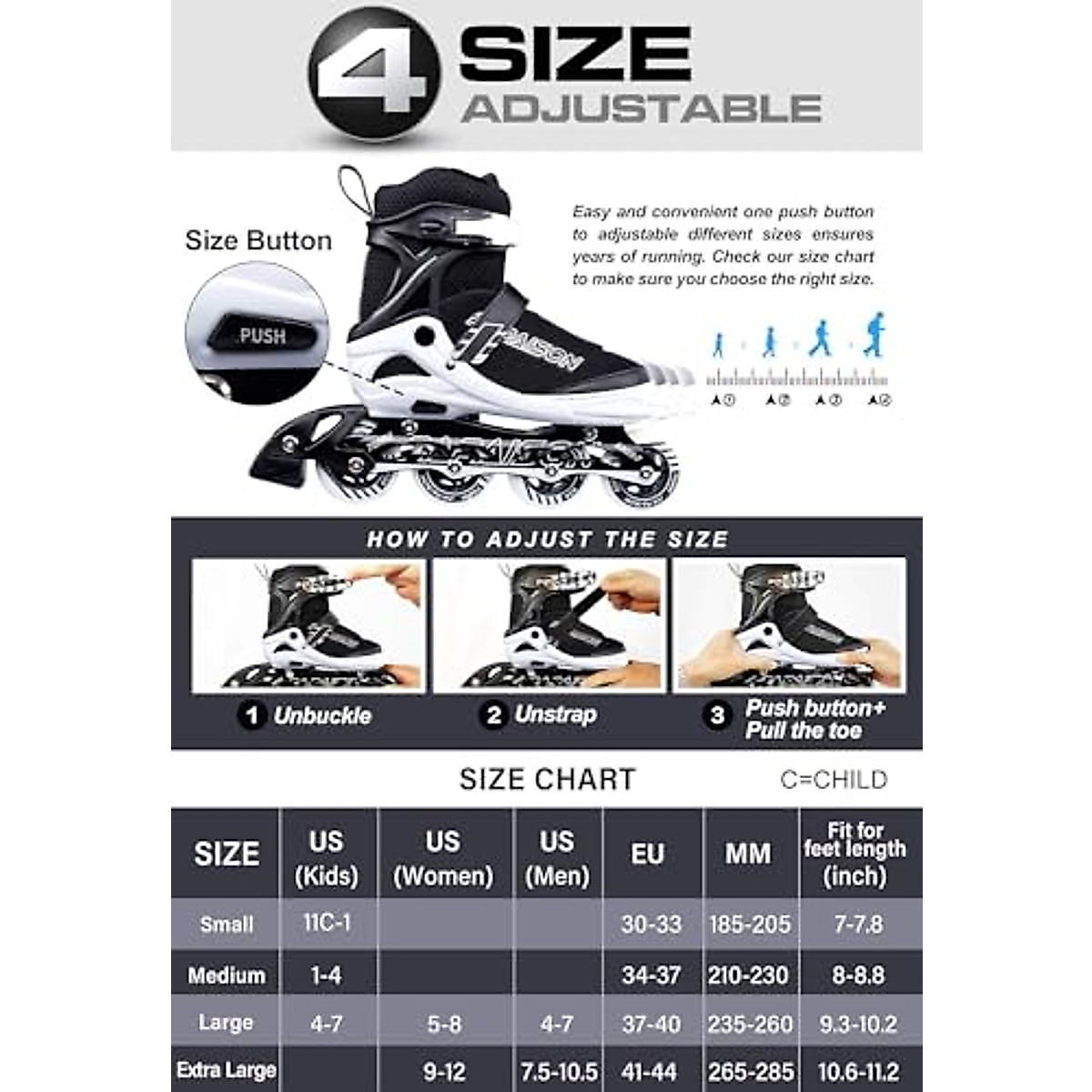 PAPAISON Adjustable Inline Skates for Kids and Adults with Full Light Up Wheels, Outdoor Roller Skates for Girls and Boys, Men and Women