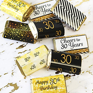 Black and Gold 30th Birthday Party Mini Candy Bar Wrappers - 45 Stickers