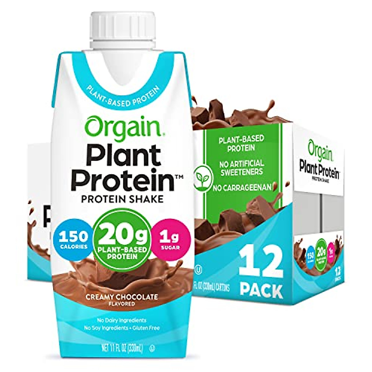Orgain Vegan Protein Shakes, 20g of Plant Based Protein, Creamy Chocolate - Gluten Free, No Dairy, Soy, or Preservatives, No Added Sugar, 11 Fl Oz, 12 Count (Packaging May Vary)