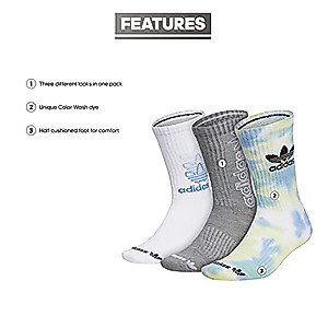 adidas Originals Mixed Graphics Cushioned Crew Socks (3-Pair) -Discontinued, Ambient Sky Blue/Pulse Yellow/White, Large