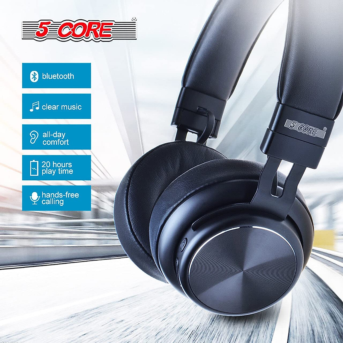 5 CORE Wireless Headphones Bluetooth Over Ear Hi Fi Stereo with Microphone and Volume Control Foldable Perfect Yoga Sports Office Gym - Headphone 13 B