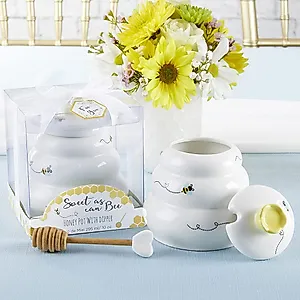 Kate Aspen Sweet as Can Bee Ceramic Large Honey Pot with Wooden Honey Dipper (10 oz), Kitchen Decor, Bumblebee Baby Shower Prize, Take Home Gift, Bee Decorations