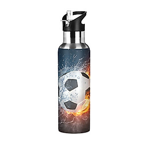Kcldeci Soccer Ball in Fire and Water Sports Water Bottle 20 Oz Straw Lid Leak Proof Vacuum Insulated Stainless Steel Water Bottles Hot Cold Double Walled Thermo Mug Tumbler Travel Cup