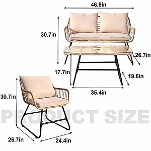 FKSLIFE Outdoor Wicker Patio Conversation Set, All-Weather Rattan Conversation Chairs for Backyard, Balcony, Deck ，Porch ，with Soft Cushions (Beige+Beige, 4-Piece Set)