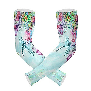 WELLDAY Flower Dragonfly Gardening Sleeves with Thumb Hole Farm Sun Protection Arm Sleeves for Women Men