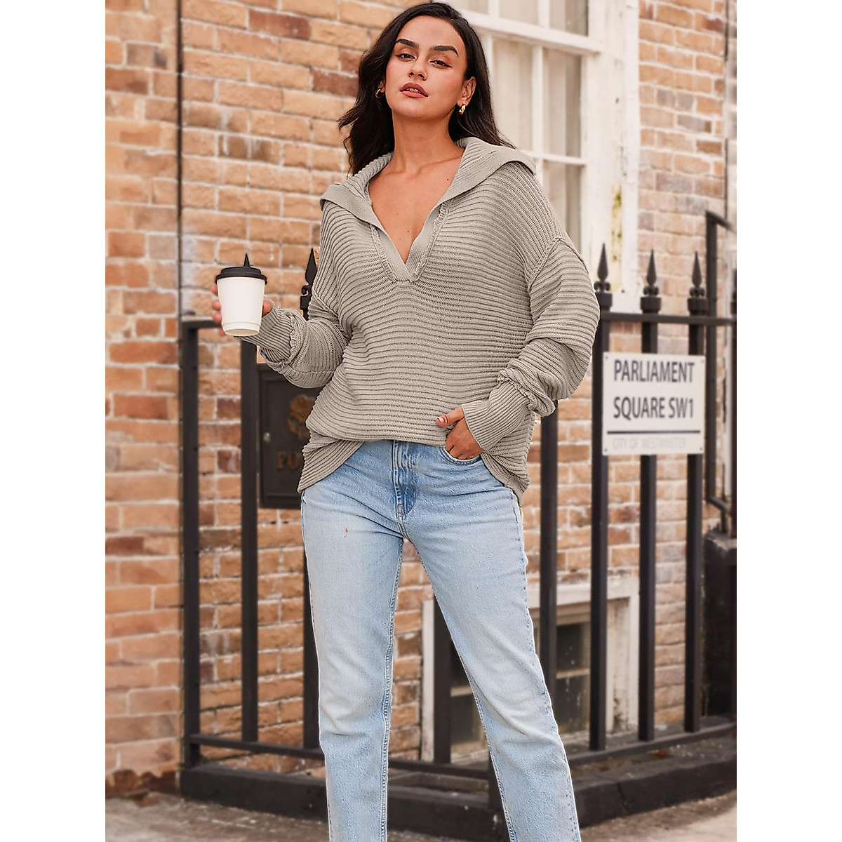 EFAN Women's Oversized V Neck Sweaters 2023 Long Sleeve Collared Tunic Batwing Knitted Pullover Sweater Apricot