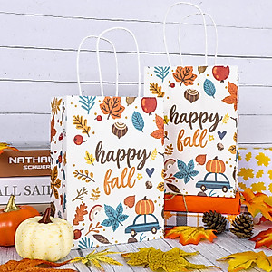AnyDesign 16Pcs Happy Fall Gift Bags Maple Leaves Pumpkin Paper Bags with Handle for Thanksgiving Day Fall Themed Wedding Birthday Bridal Shower Party Favors, 5.9 x 8.3 x 3.2 Inch
