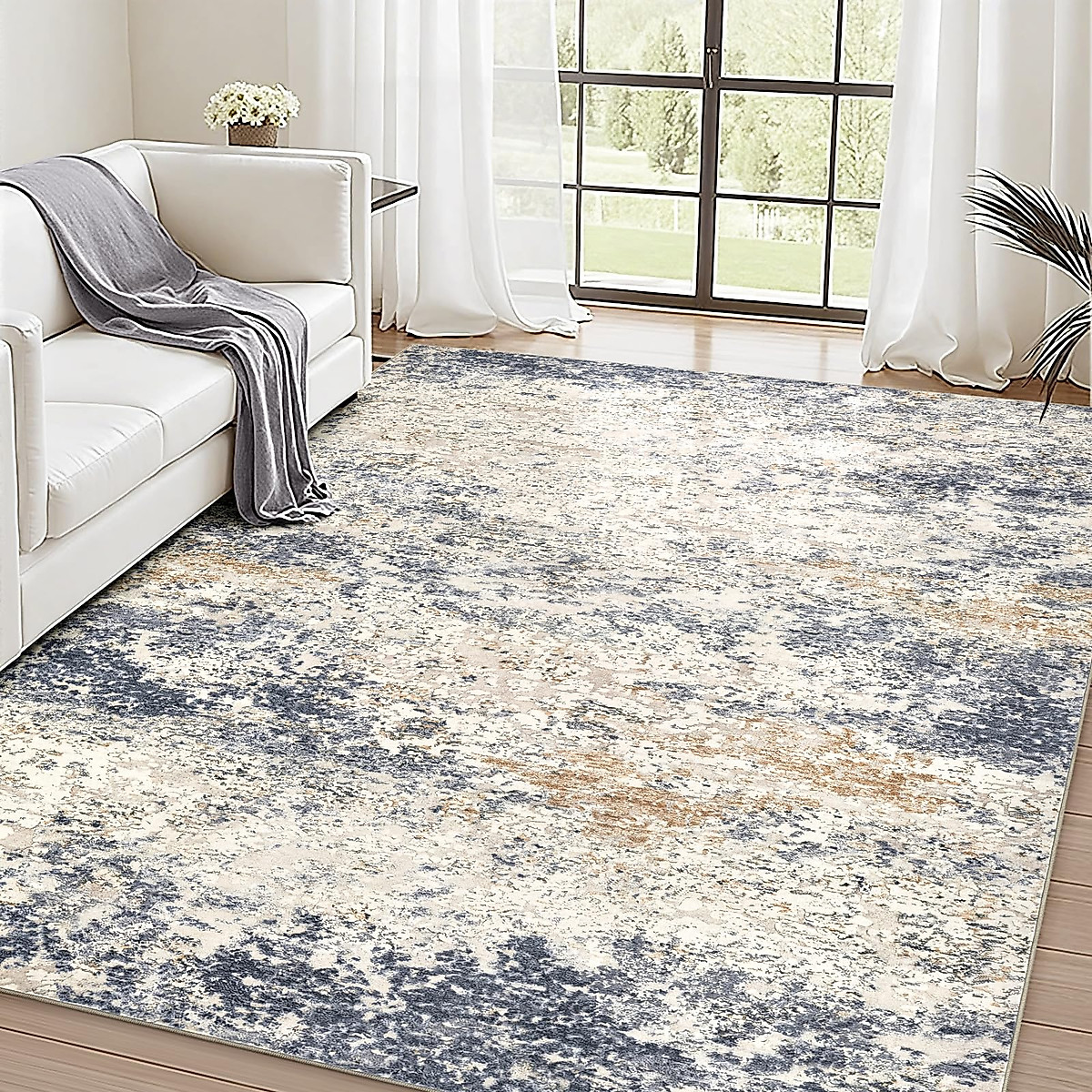 LOVORAL Area Rugs for Living Room: 5x7 Washable Neutral Abstract Rug for Bedroom Large Soft Modern Dining Room Rugs Indoor Floor Low Pile Carpet for Home Office Nursery - Blue Grey