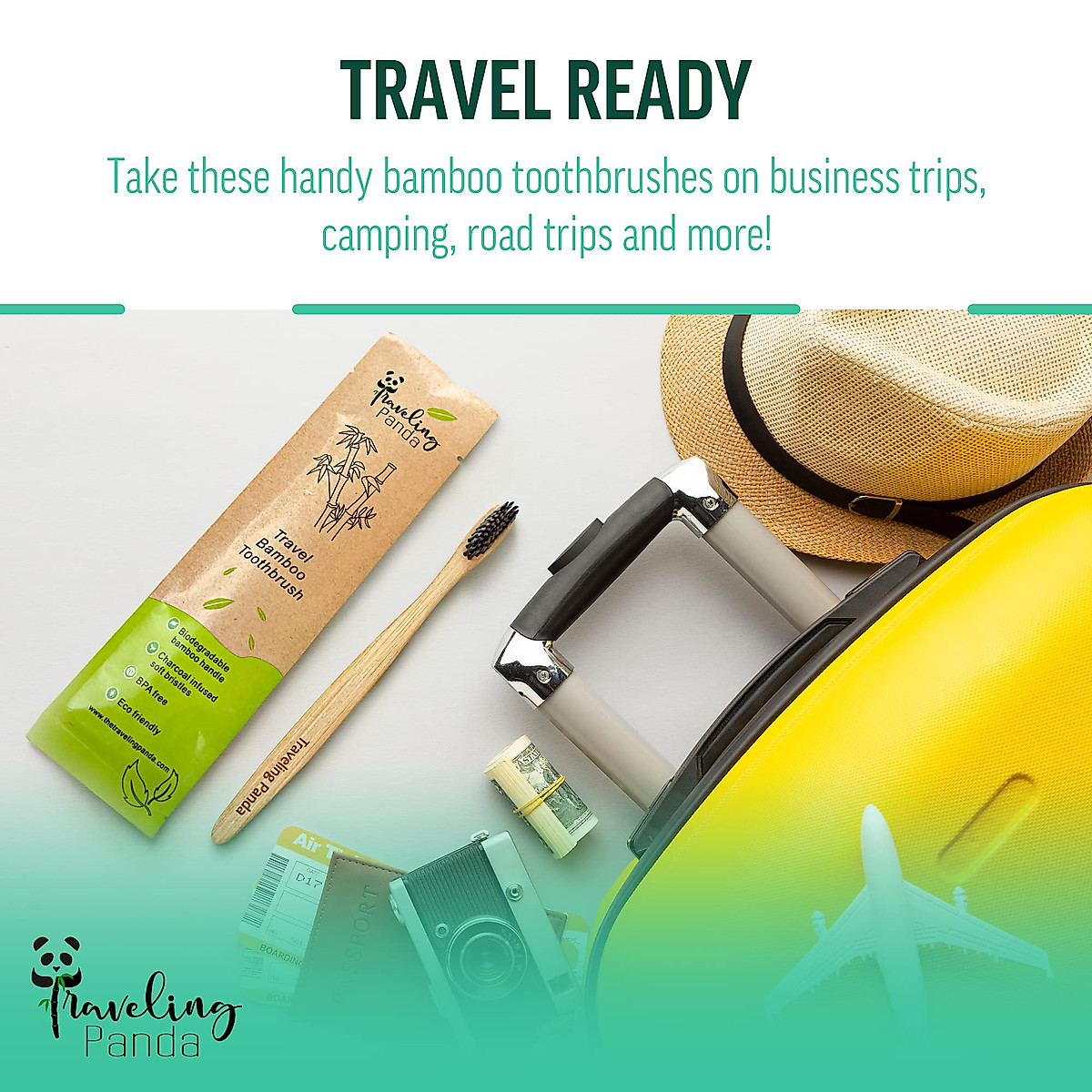 Traveling Panda Bamboo Toothbrushes Soft Bristles Charcoal Infused, Travel Toothbrush Kit, Essentials for on The Go Teeth Brushing, 10 Large Brushes