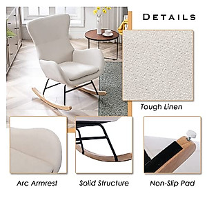 chairus Modern Rocking Chair Wingback Living Room Accent Chair Linen Rocker Armchair for Adults Comfy Upholstered Single Sofa Chair for Bedroom Playroom Nursery, Cream