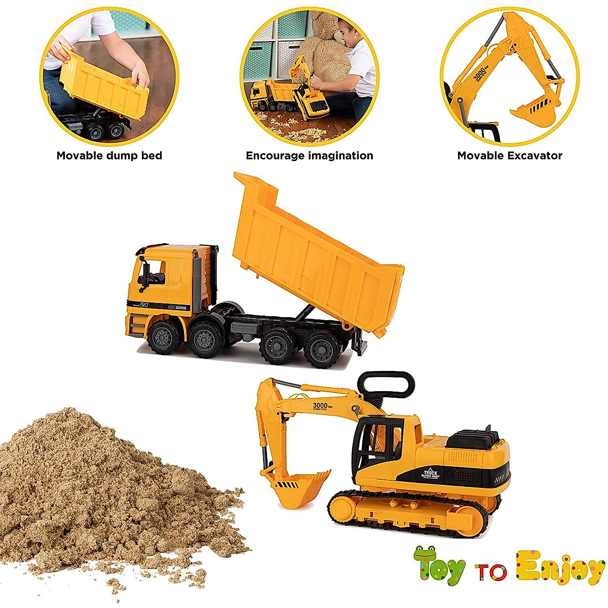 Toy To Enjoy Excavator & Dump Truck Toy for Kids (Set of 3) with 1.1 LB Play Sand – Moveable Claw & Lifting Back – Garbage Truck & Bulldozer Digger – Construction Vehicle for Kids & Children