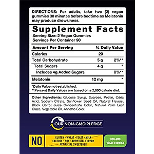 Carlyle Melatonin Gummies 12mg | 180 Count | Drug Free | Natural Berry Flavor | Vegan, Non-GMO, Gluten Free