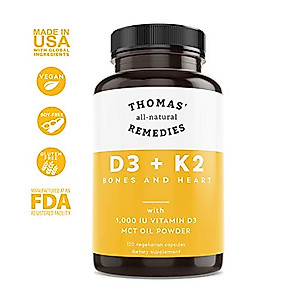 Thomas' all-natural Remedies D3 + K2 with MCT Oil for Better Absorption - 1000 IU D3 - Vegan - Made in USA - Support for Your Heart, Bones & Teeth - Non-GMO - 120ct