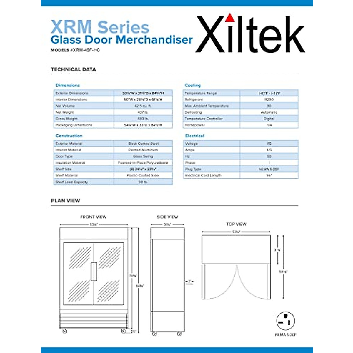 Xiltek Double Door Upright Commercial Display Freezer - Large Capacity Glass Door Merchandiser Freezer 45 CU Ft.