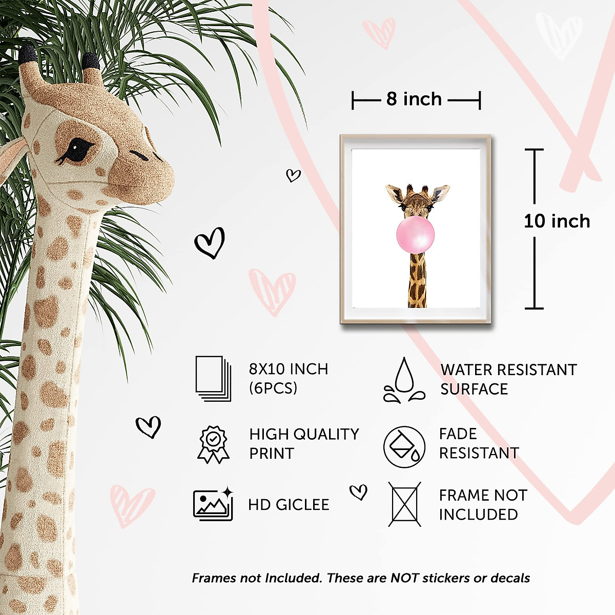 Designs by Maria Inc. Set of 6 UNFRAMED safari animal kids blowing pink bubblegum nursery decor | Cute animal pictures | Animal posters safari wall decor | Animal bubbles play room Wall Art (8"x10")