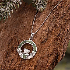 Biddy Murphy Authentic 925 Sterling Silver Irish Claddagh Necklace with Connemara Marble Inlay, Fine Celtic Jewelry for Women, 18" Length, 5/8" x 5/8" Inch Pendant, Imported from Ireland