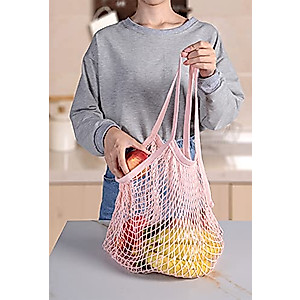 S SRYSITA 5 Pack My Eco Bag Portable Large Reusable Grocery Bags Fruit and Vegetable Bag Washable Cotton Mesh Bag Organic Organizer Shopping Handbag Long Handle Net Tote (Blue,Green,Beige,Pink)
