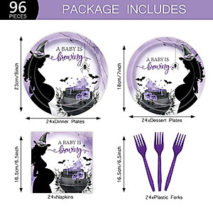 96Pcs Halloween Baby Shower Party Plates Supplies - A Baby is Brewing Halloween Party Tableware Decorations Gender Reveal Disposable Paper Plates Napkins Forks for for Baby Boy Girl Serves 24 Guests
