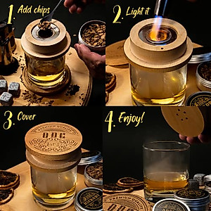 OdeGjs Premium Cocktail Smoker Kit - Includes 4 Wood Chips for Bourbon and Whiskey plus Drink Smoker Accessories Unique Gifts for Men and Women on all Occasions Including Torch No Butane