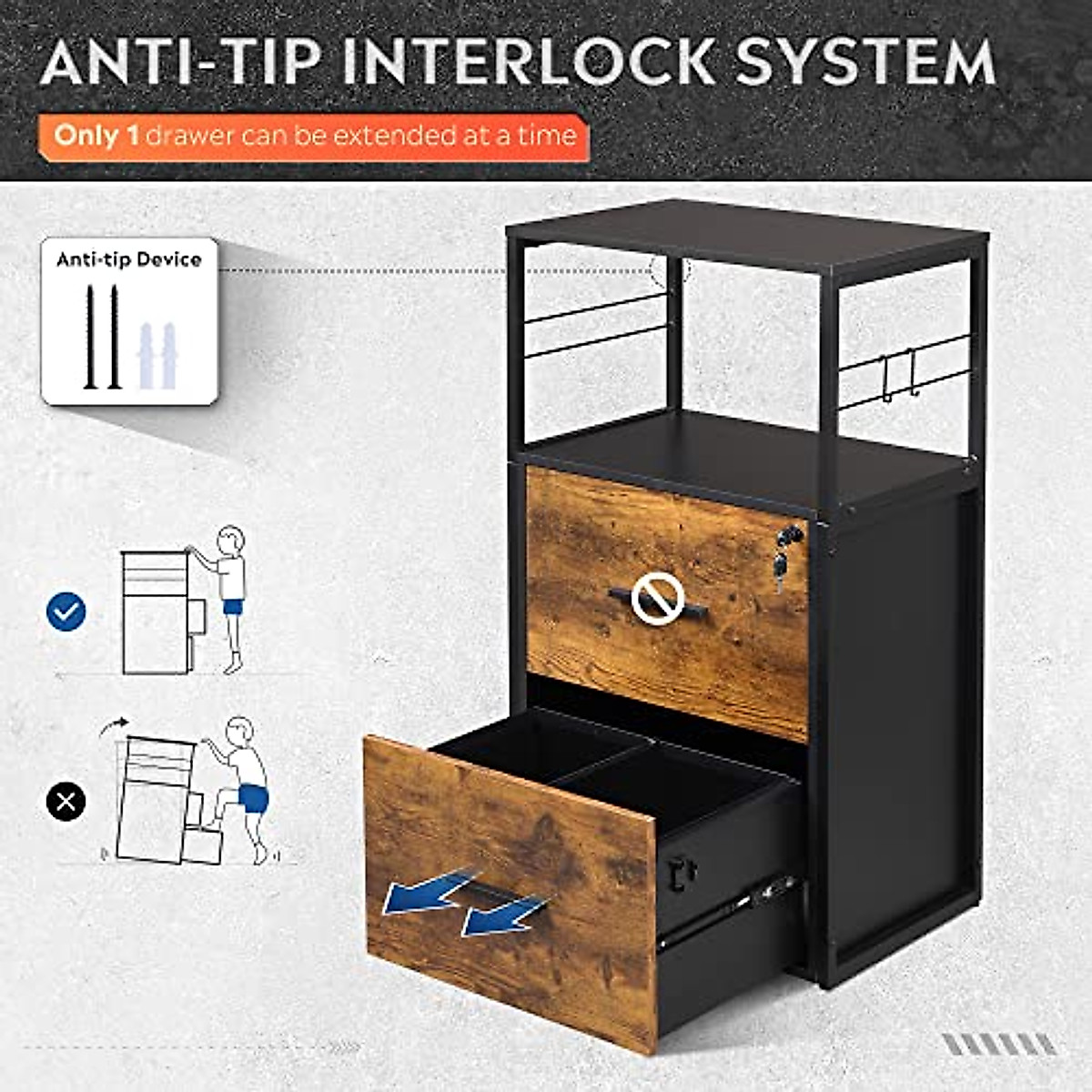 DEVAISE 2 Drawer Lateral File Cabinet with Lock, Filing Cabinet fits Letter/Legal/A4 Size, Large Printer Stand with Storage Shelves for Home Office, Rustic Brown