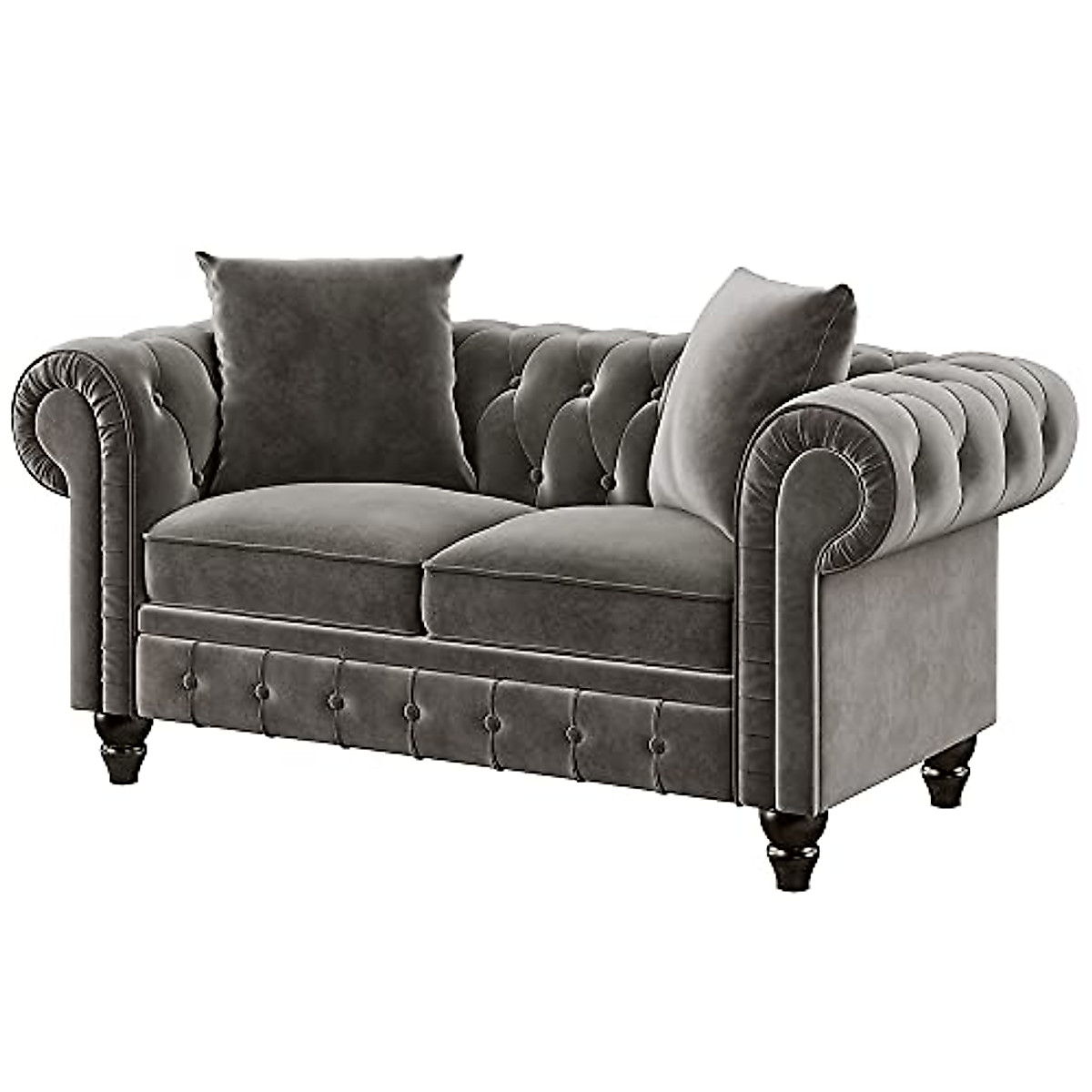 OYN 63" Chesterfield Sofa & Couch Deep Seat Button Tufted Velvet Loveseat Upholstered 2 Seater Sofa Classic Roll Arm, 2 Pillows Included, Grey