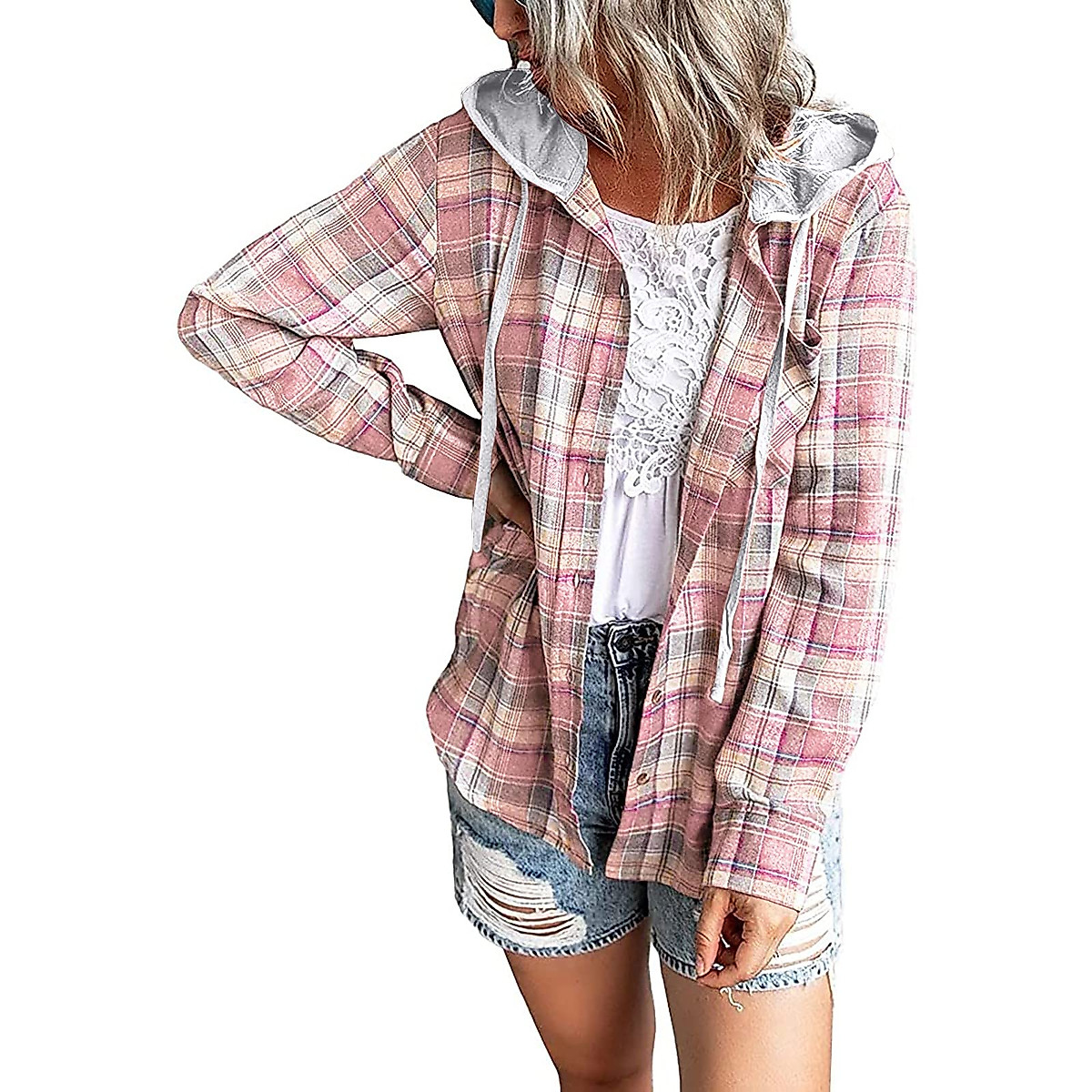 Jackets for Women 2023 Casual Long Plaid Print Shirts Long Sleeve Tops Open Front Button Down Hoodie Cardigan Lightweight Plus Size Coats Outerwear Fall Winter Clothes My Orders(B-Pink,XX-Large)