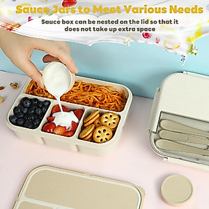 danliar Bento Lunch Box for Kids, Wheat Straw 5.5 Cups Leakproof Adult Bento Box with 2 Sauce Jars, 4 Compartments Lunchable Snack containers, Utensils, Microwave & Dishwasher Safe (Wheat Straw Beige)