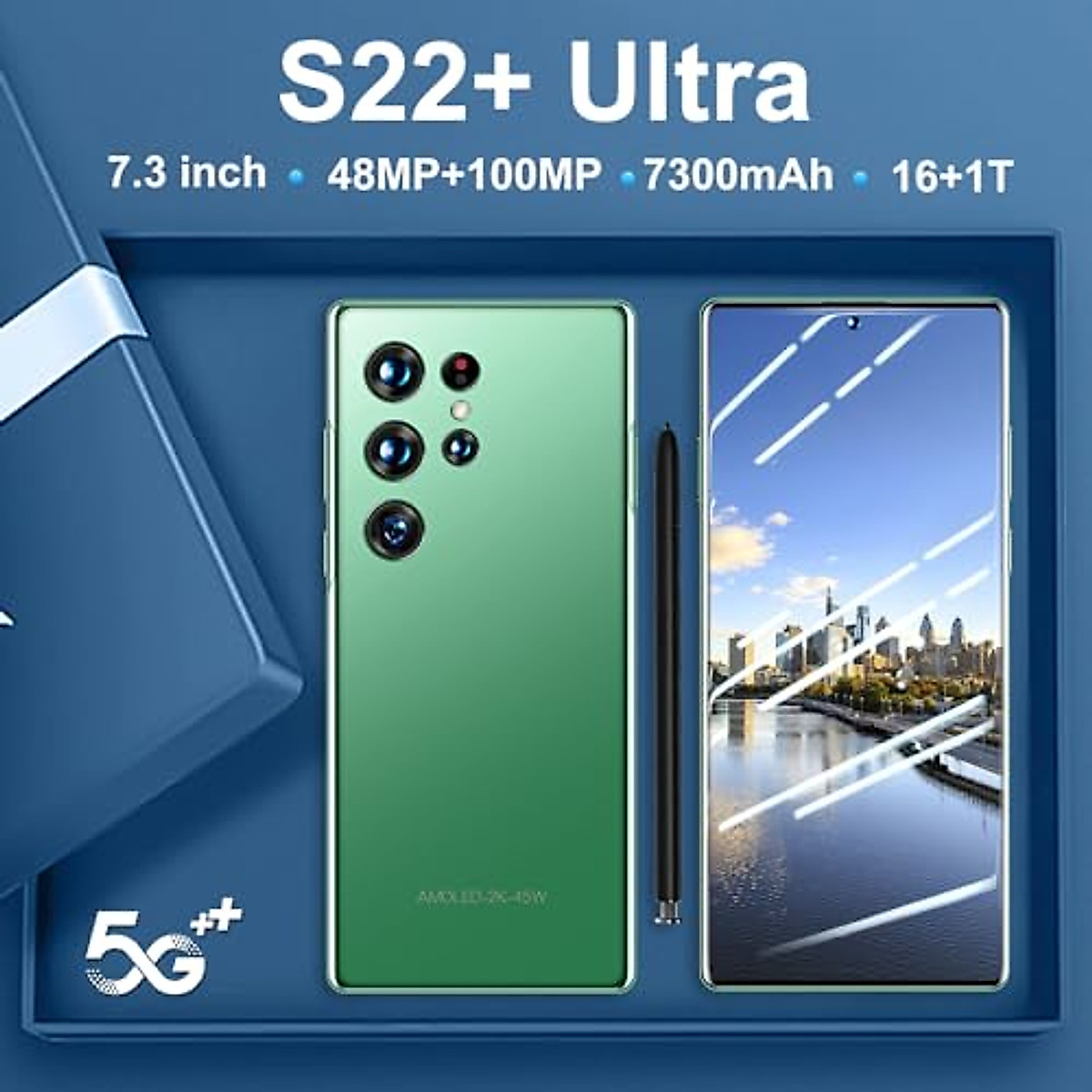 New S22 Ultra Smartphone 5G 7.3inch Full Screen 5G 16GB RAM 1TB ROM 7300Mah Mobile Phones Global Version 100MP HD Triple Camera Multi Language Support,Green-1TB
