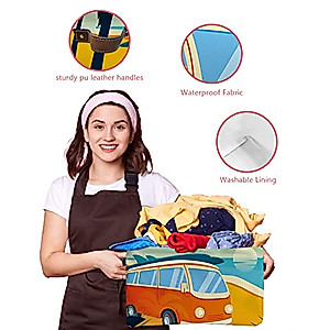 Summer Travel Storage Bin for Shelves with Leather Handles, 15 X 11 X 9.5 Inches Waterproof Storage Bins for Clothes Toy Blanket Books Organizers Storage Tropical Palm Trees and Seaside Bus