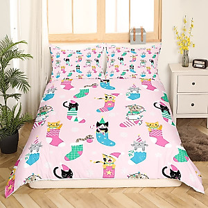 Erosebridal Christmas Cat Bedding Sets Twin Cute Animal Comforter Cover Kawaii Kitten Bed Sets Colorful Xmas Stocking Duvet Cover White Snowflake Quilt Cover for Kids Boys Girls Room Decor