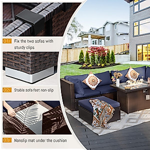 BULEXYARD High Back Brown PE Rattan Outdoor Patio Furniture Set with Propane Fire Pit Table, Large Wicker Outside Sectional Furniture Sofa Conversation Sets for Backyard(Navy Blue, 9Pcs)